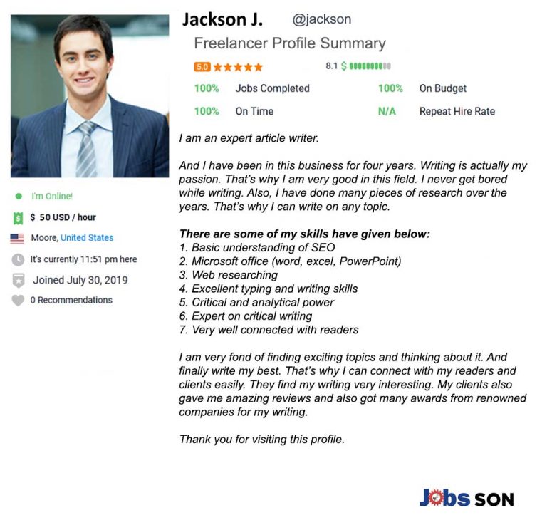 Freelancer Profile Summary Sample & Example