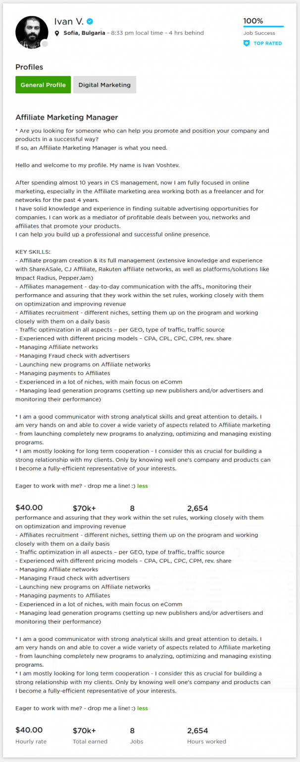 Upwork Profile Overview Sample for Affiliate Marketing